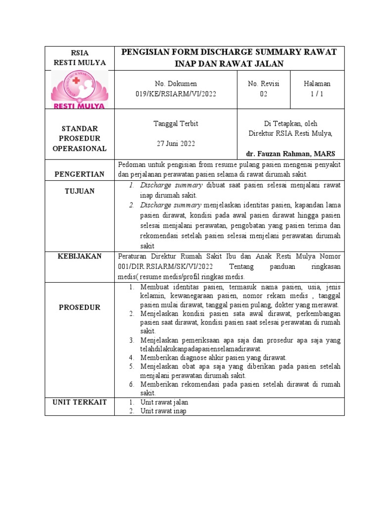 Pengisian Form Discharge Summary Rawat Inap Dan Rawat Jalan | PDF