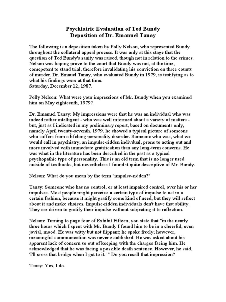 Ted Bundy - Dr. Emmanuel Tanay's Psychiatric Evaluation From 1979 ...
