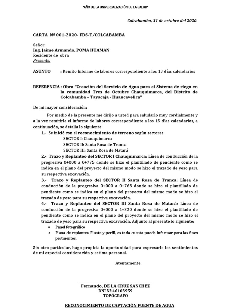 Carta de Informe de Labores Fernando - Vraem | PDF