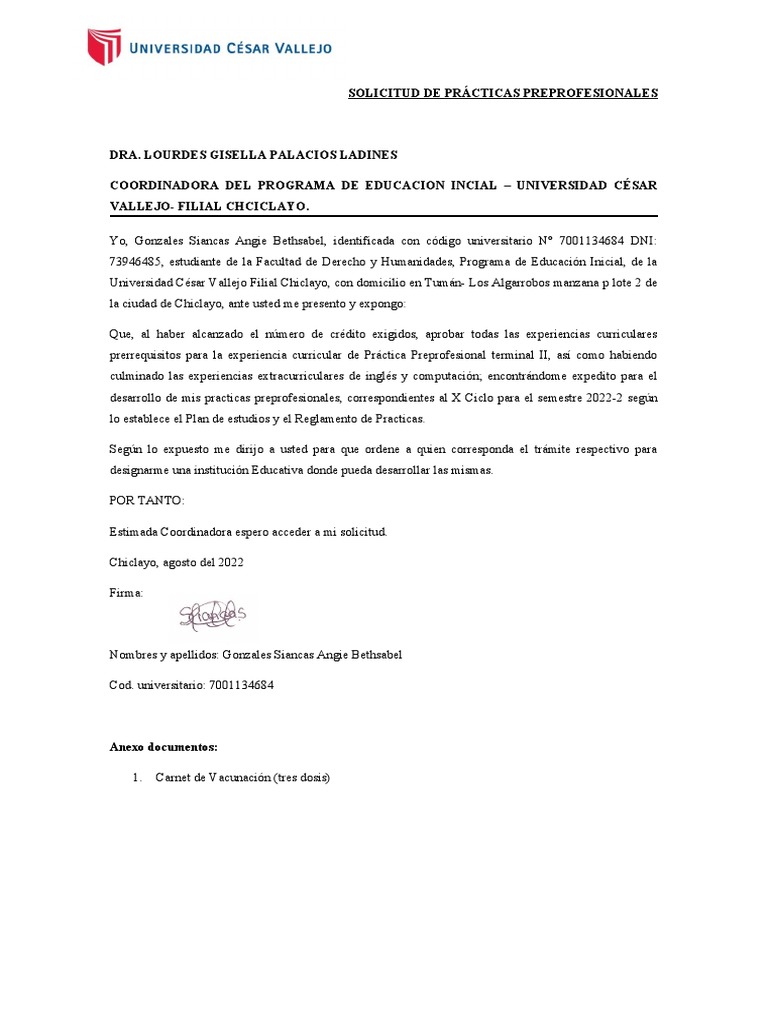 Solicitud Practicas Pre Profesionales | PDF