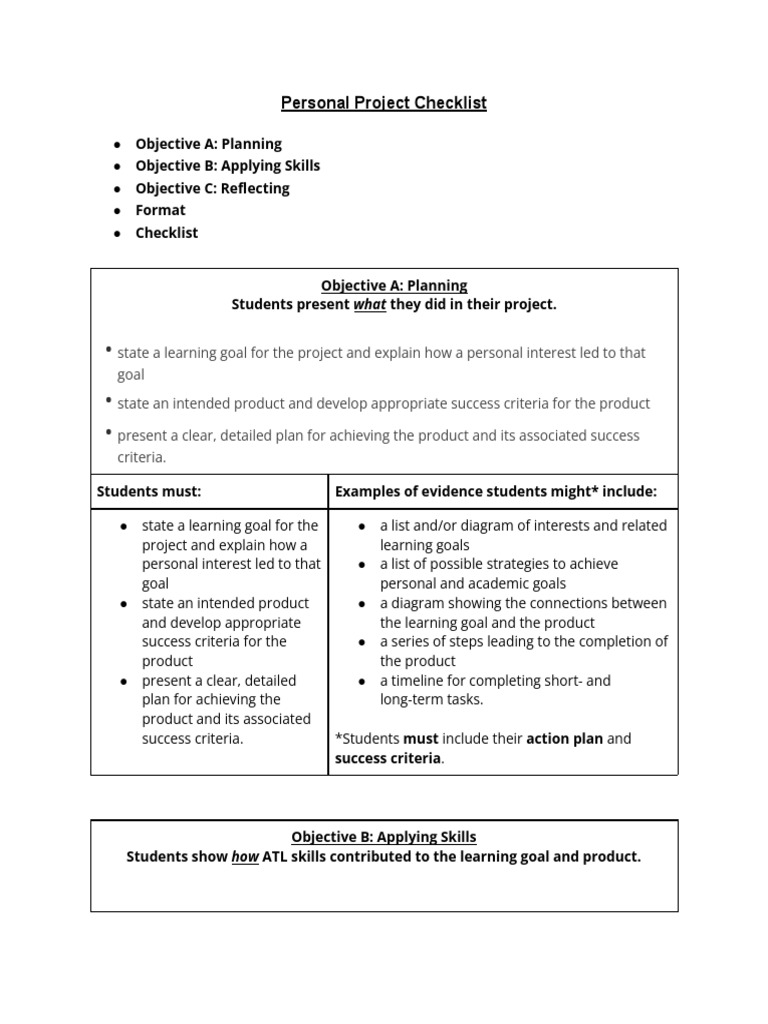 Personal Project Success Checklist | PDF | Goal | Learning