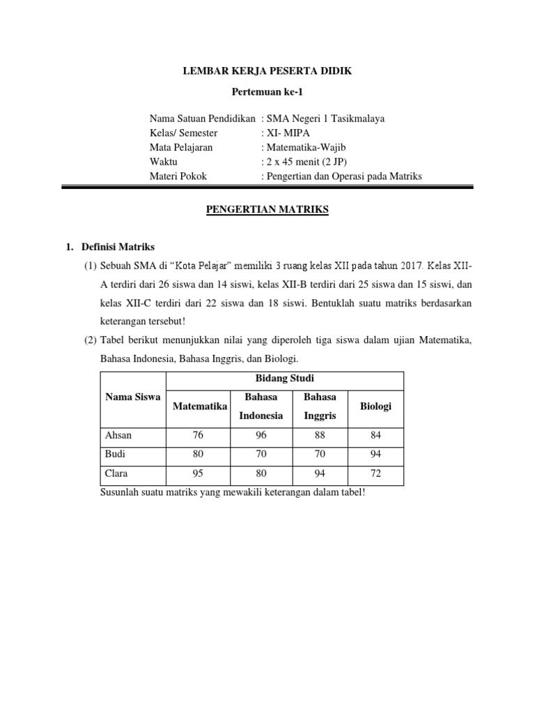 LKPD Matriks Pert 1 | PDF