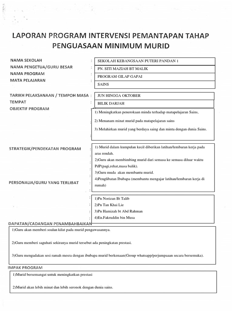 Laporan Intervensi Pbs 2 Sains | PDF