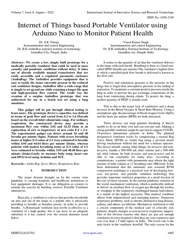 Internet of Things Based Portable Ventilator Using Arduino Nano To Monitor Patient Health | PDF ...