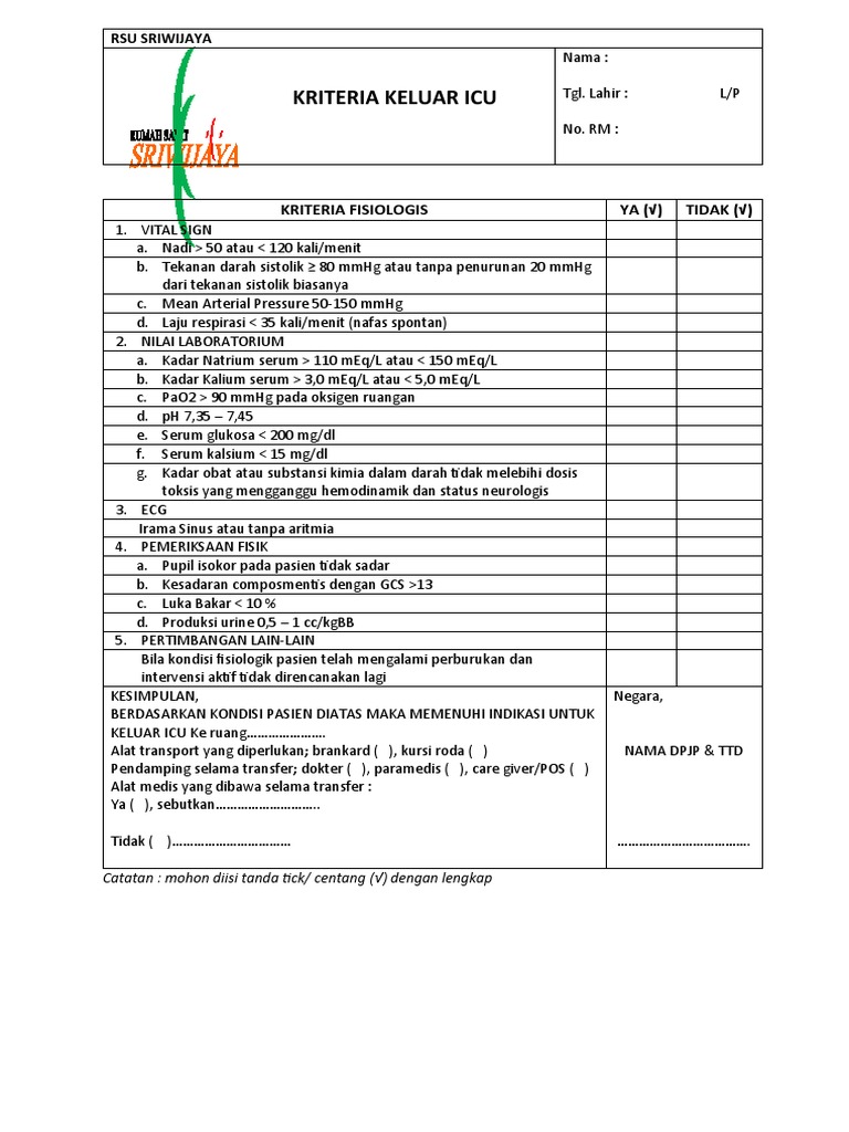 Form Icu Masuk Dan Keluar Icu | PDF