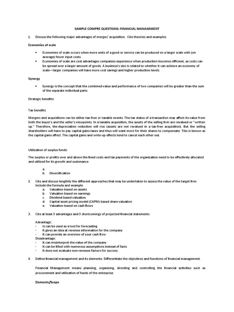 Sample Compre Questions Financial Management | Download Free PDF ...