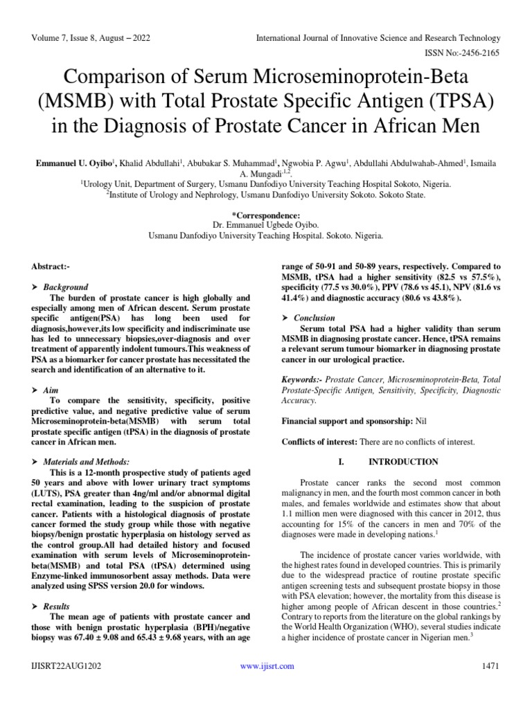 Comparison of Serum Microseminoprotein-Beta (MSMB) With Total Prostate Specific Antigen (TPSA ...