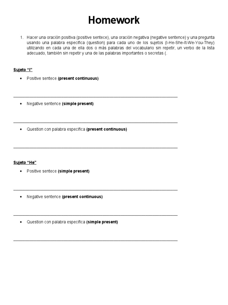 Homework Present Continuous-Simple Present | PDF | Asunto (gramática ...