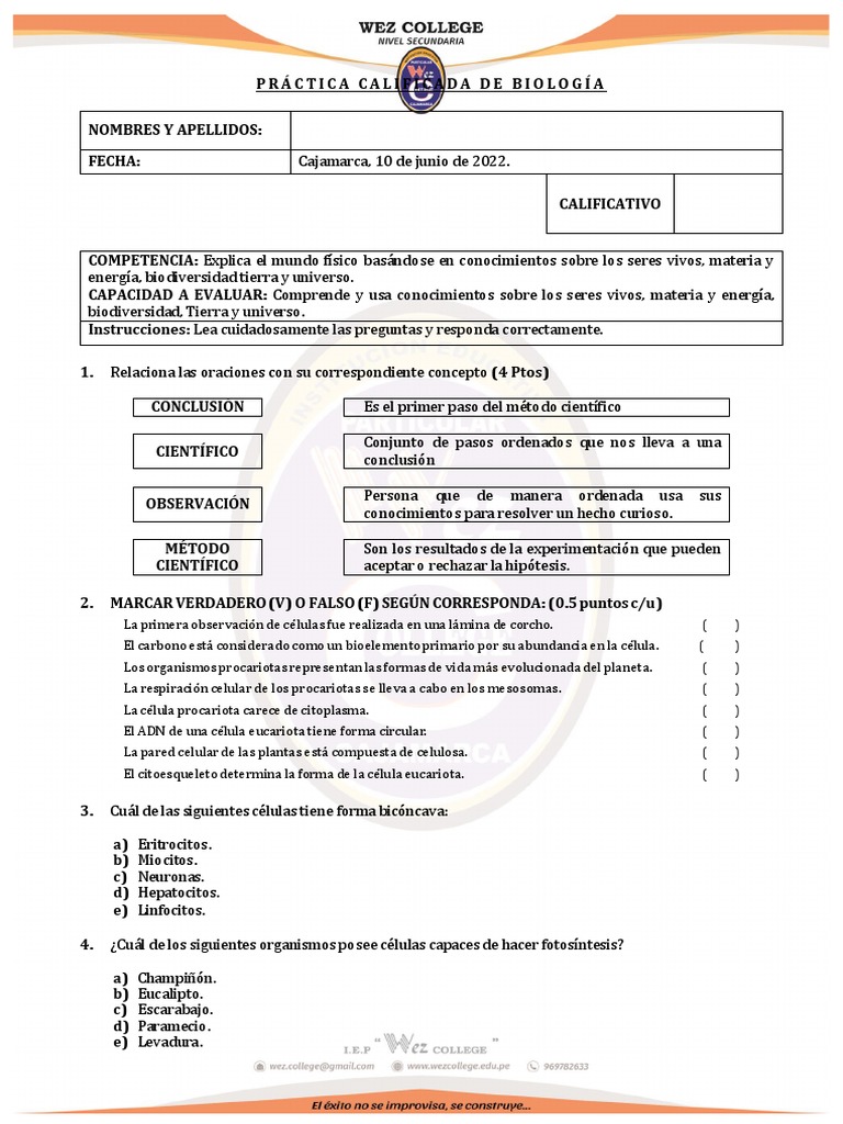 Práctica Calificada de Biología | PDF | Biología Celular) | Organismos
