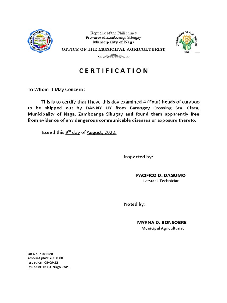 Animal Health Certification | PDF