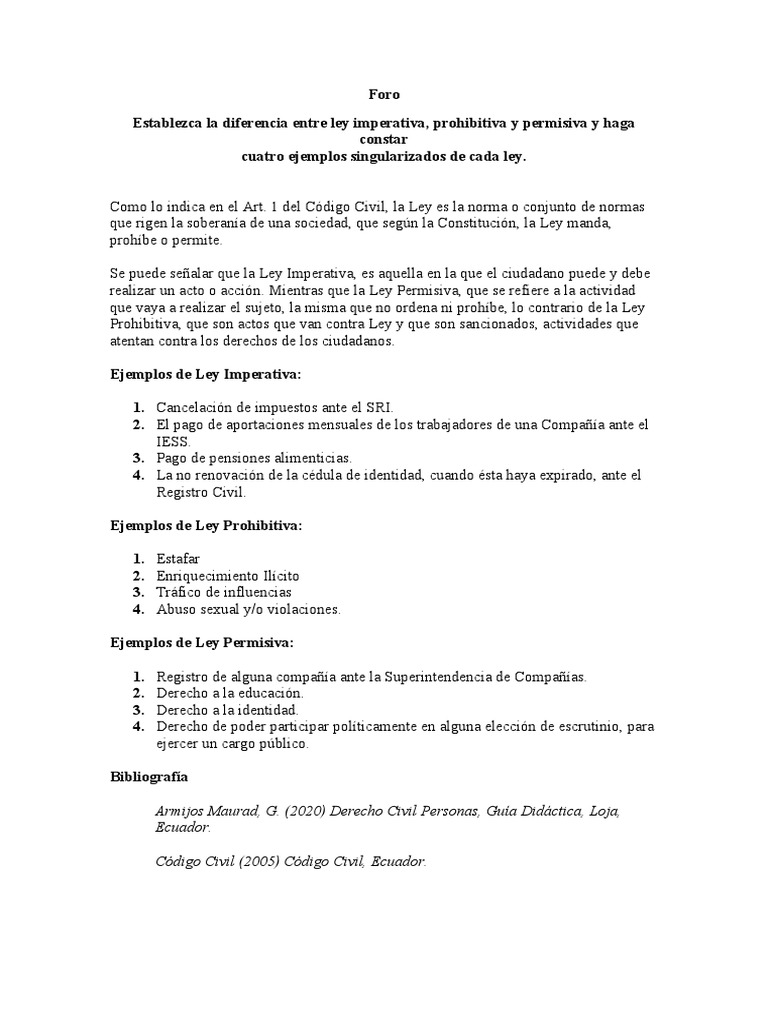 Foro Establezca La Diferencia Entre Ley Imperativa, Prohibitiva y ...