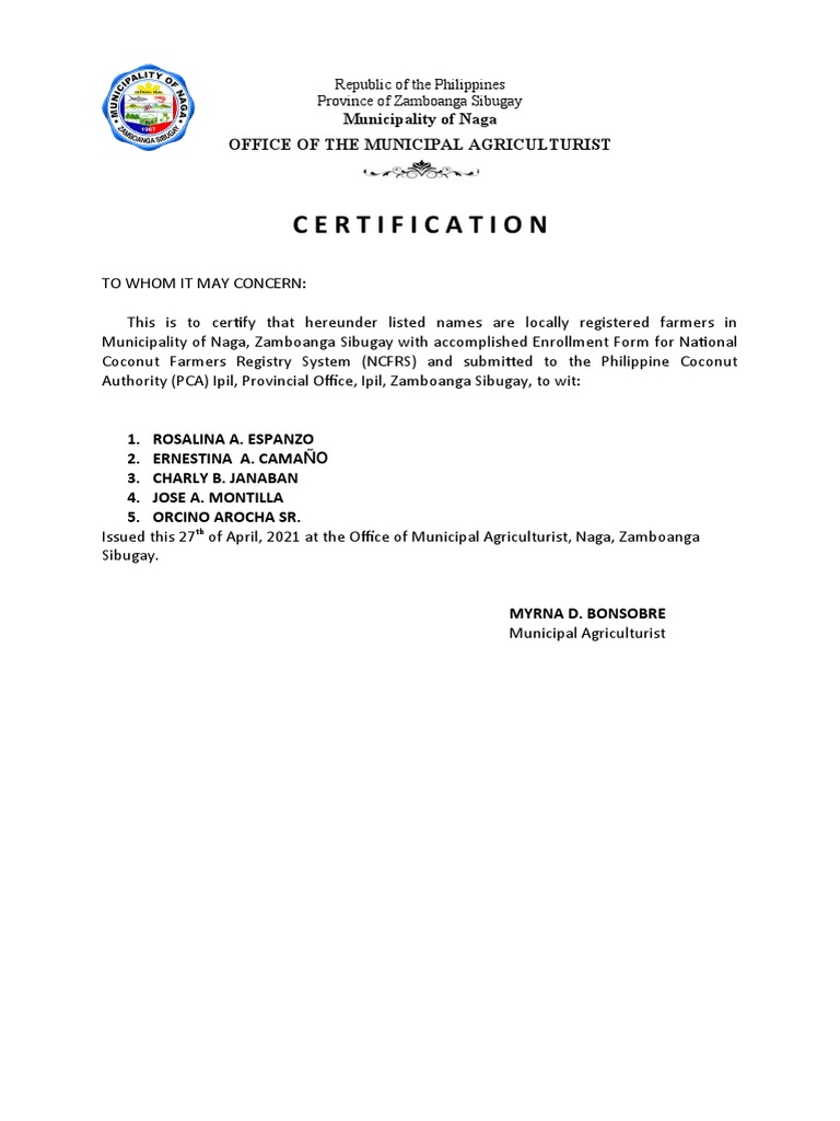 Certification RSBSA | PDF