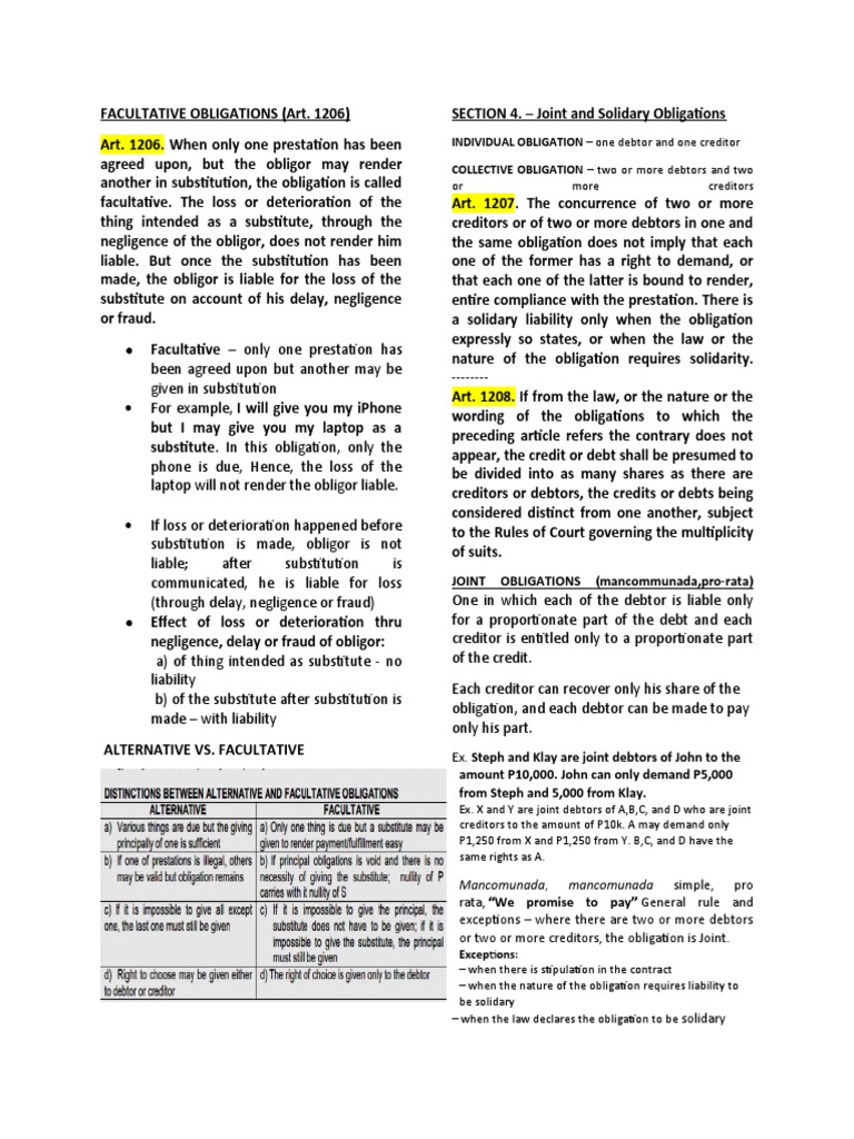 Facultative Obligations | PDF | Debtor | Payments