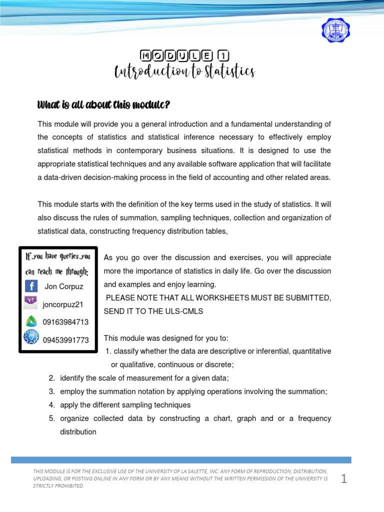 Module 1 Intro To Stat | PDF | Sampling (Statistics) | Level Of Measurement