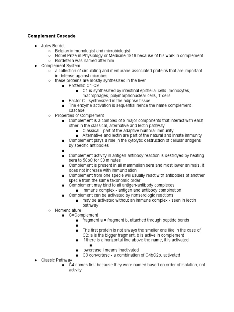 Complement Cascade Notes | PDF | Complement System | Anatomy