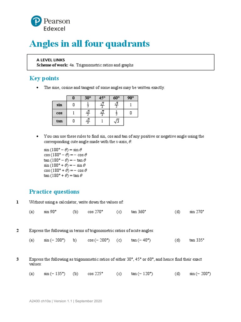 Example 1 Chapter 10 Angles in All Four Quadrants | PDF | Trigonometric ...