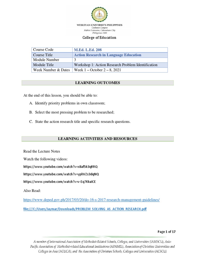 Module 3 Action Research Problem Conceptualization | PDF | English As A Second Or Foreign ...