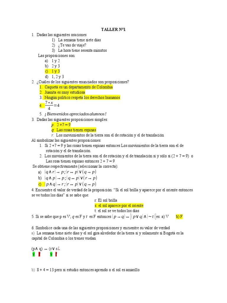 Taller 1, Razonamiento Logico | PDF | Proposición | Lógica