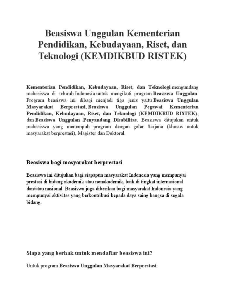 Beasiswa Unggulan Kementerian Pendidikan | PDF