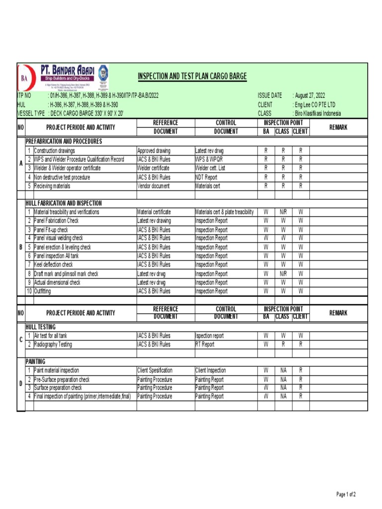Inspection and Test Plan Cargo Barge: Page 1 of 2 | PDF | Watercraft ...