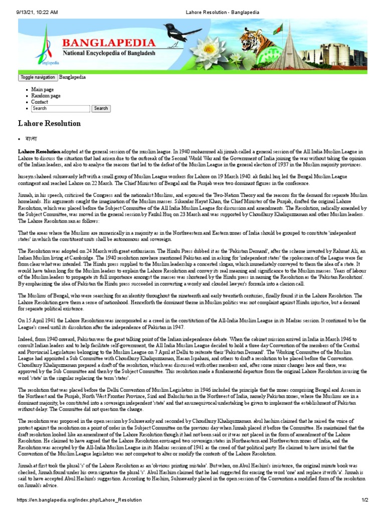 Lahore Resolution | PDF | All India Muslim League | Pakistan Movement