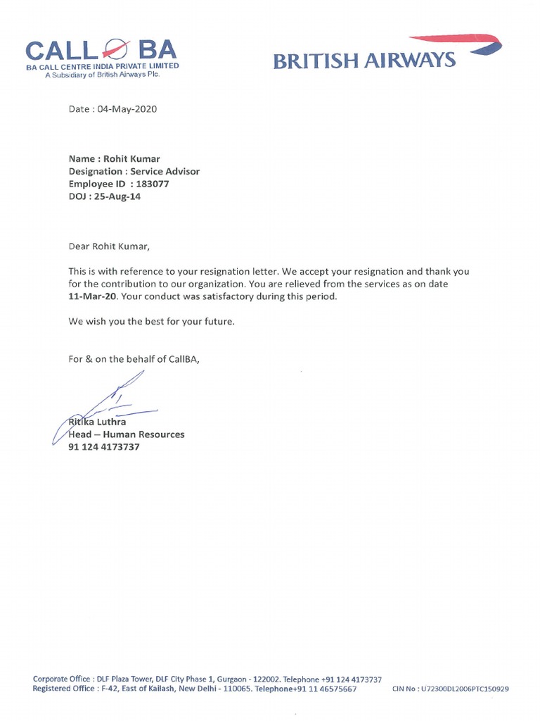 British Airways Relieving Letter | PDF