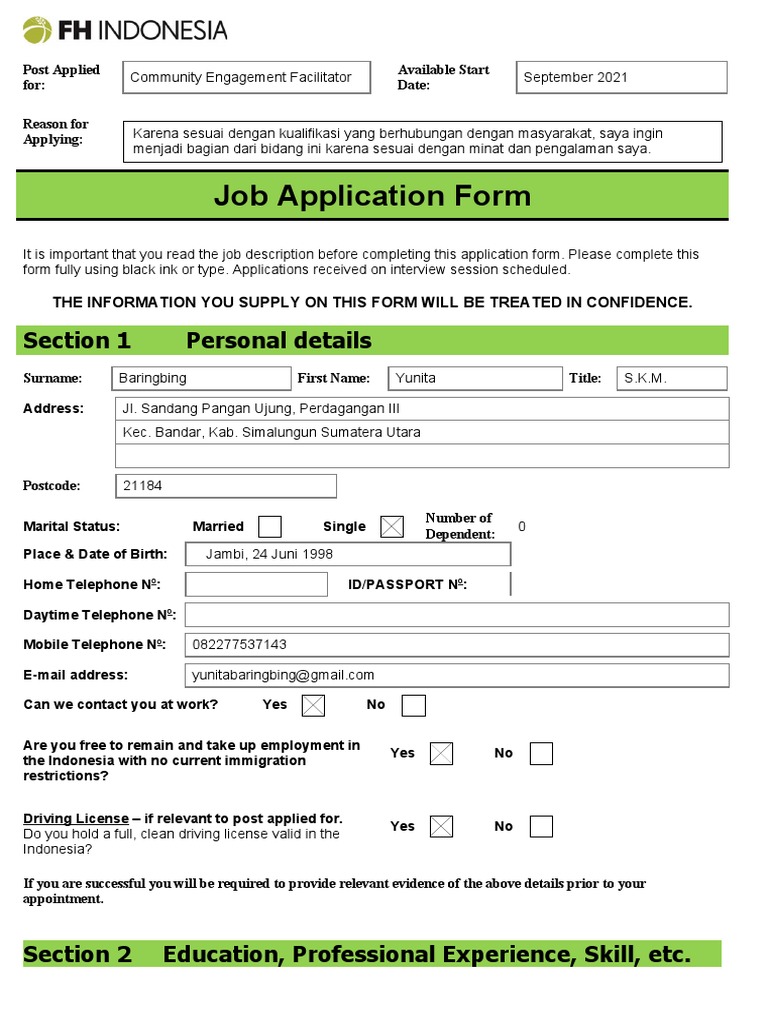 Job Application Form - FH - 2021 (NEW) | PDF