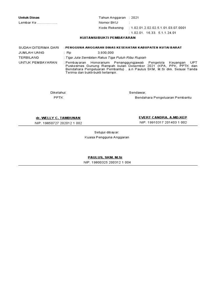 Daftar Honorarium Puskesmas Desember 2021 | PDF