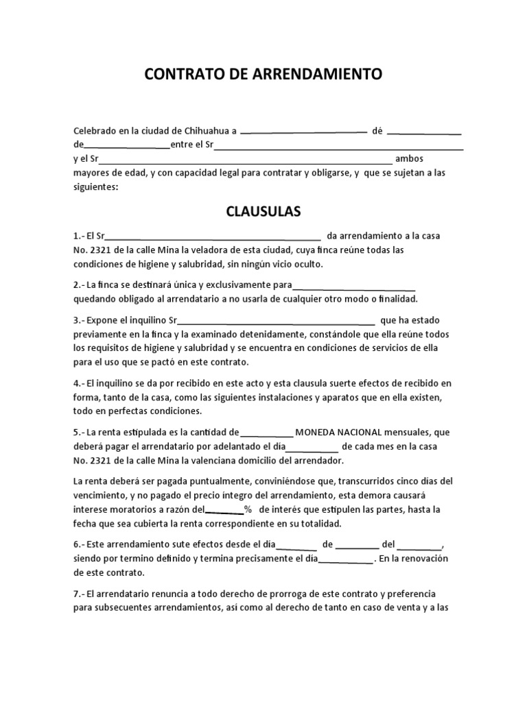 Contrato de Arrendamiento en Chihuahua | PDF