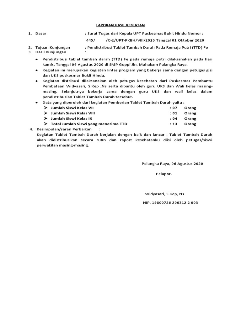 Laporan Kegiatan TTD Rematri 2020 | PDF