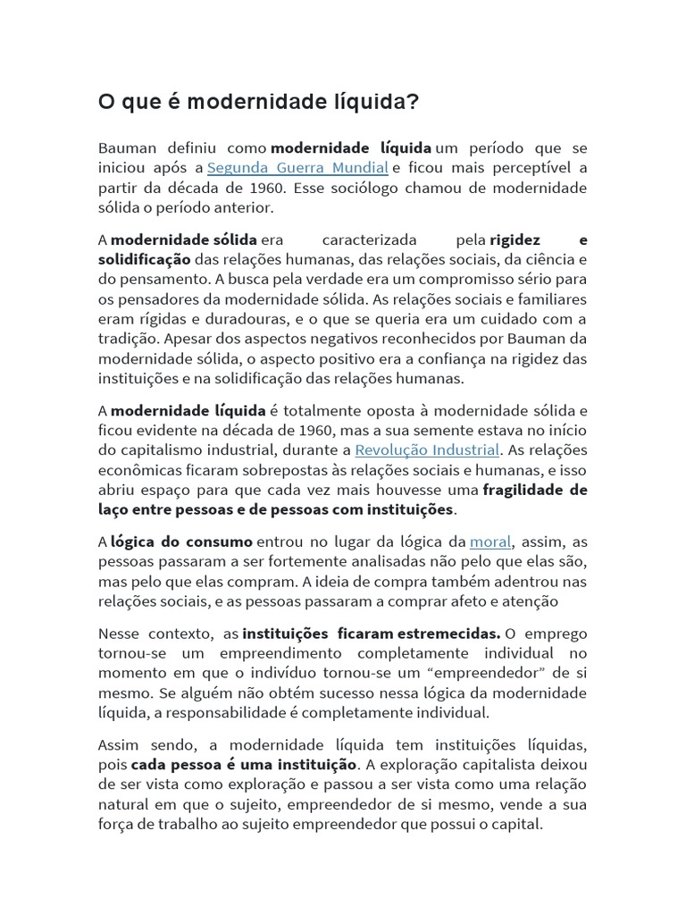 O Que É Modernidade Líquida | PDF | Modernidade | Sociologia
