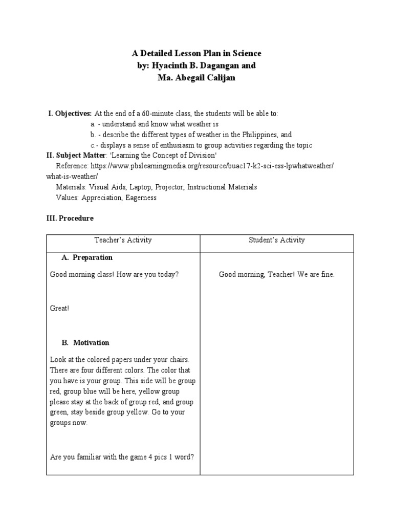 Detailed Weather Lesson Plan for Grade 6 | PDF | Weather | Teachers