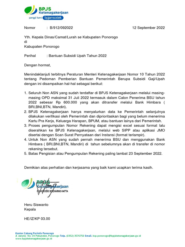 Surat Bsu 2022 Non Asn | PDF