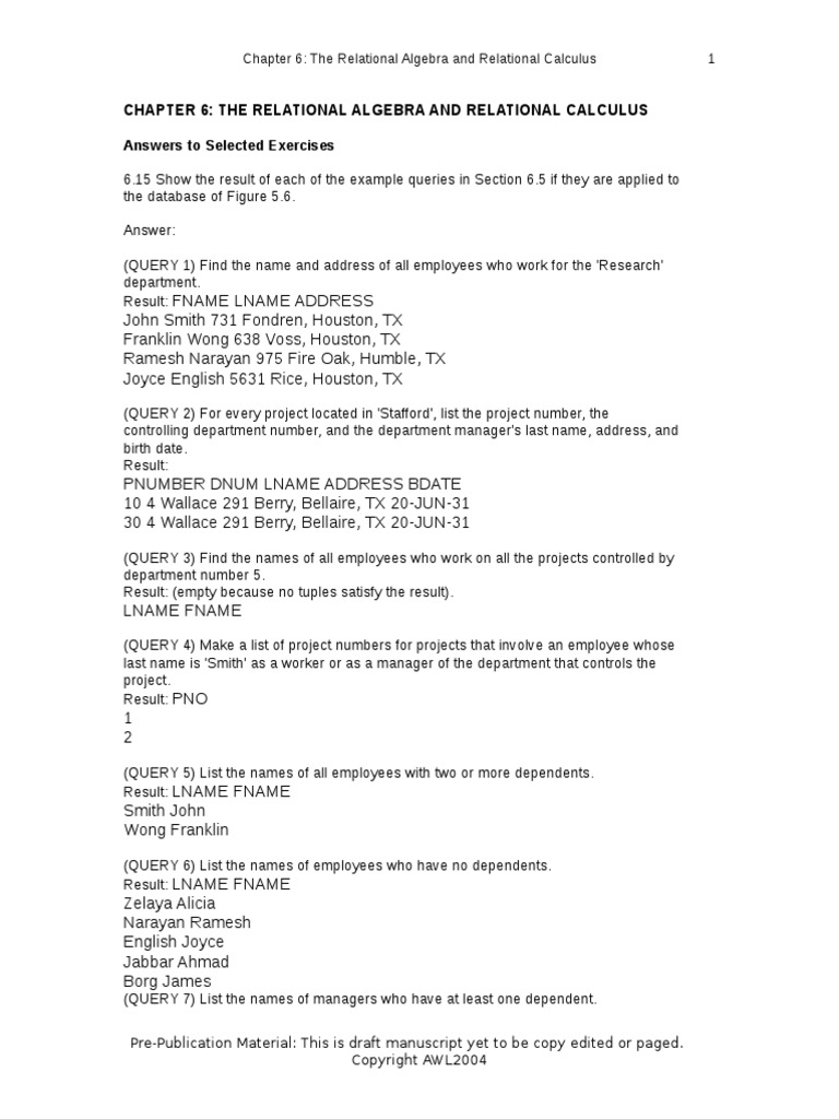 Chapter 6: The Relational Algebra and Relational Calculus: Answers To Selected Exercises | PDF ...