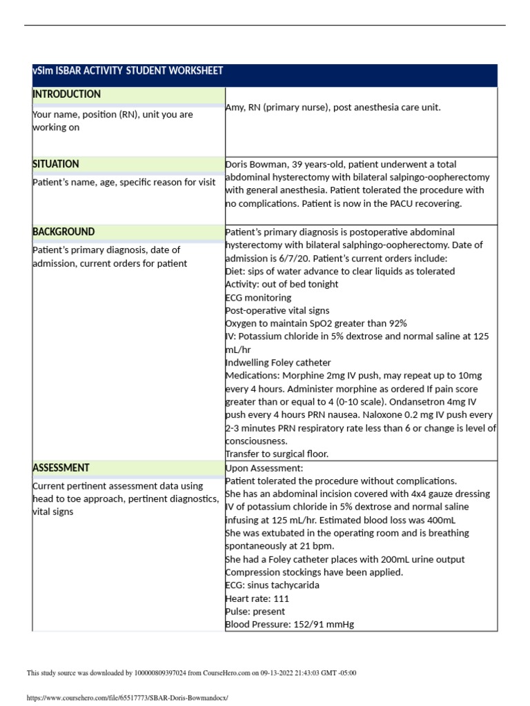 SBAR Doris Bowman | PDF | Anesthesia | Physiology