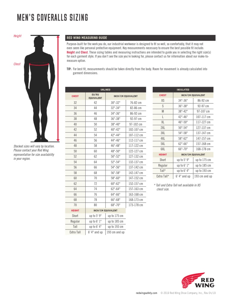 Red Wing Mens Coveralls Sizing Chart | PDF | Manufactured Goods