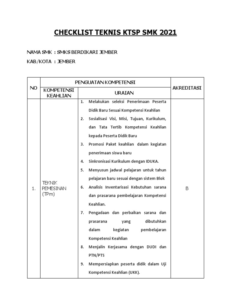Checklist Teknis KTSP TPM Smks Berdikari Jember | PDF