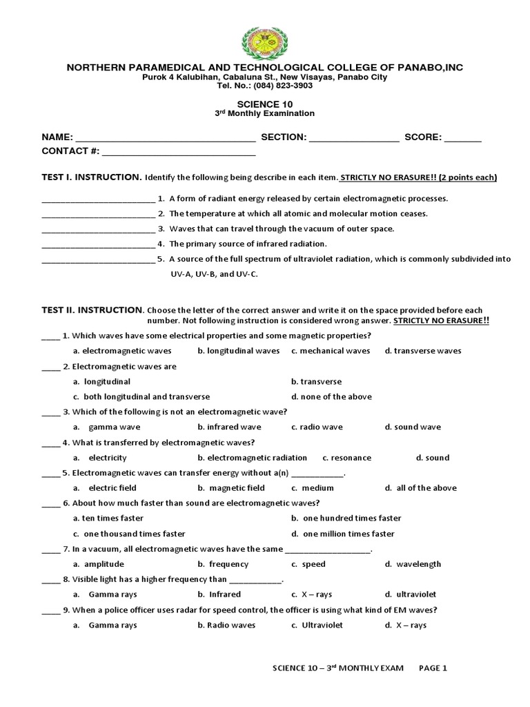 Science 10: 3rd Monthly Exam Guide | PDF | Electromagnetic Radiation ...