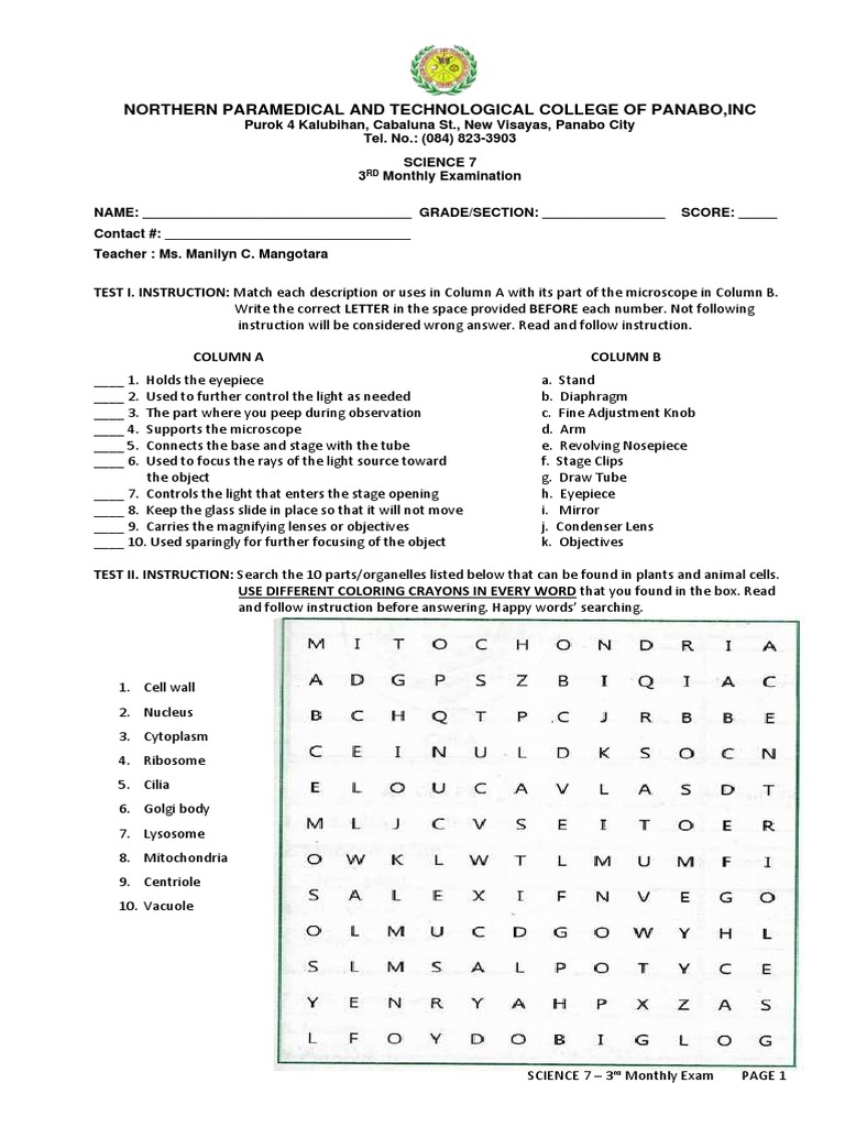 Third Monthly Exam - Science 7 | PDF | Cell (Biology) | Chloroplast
