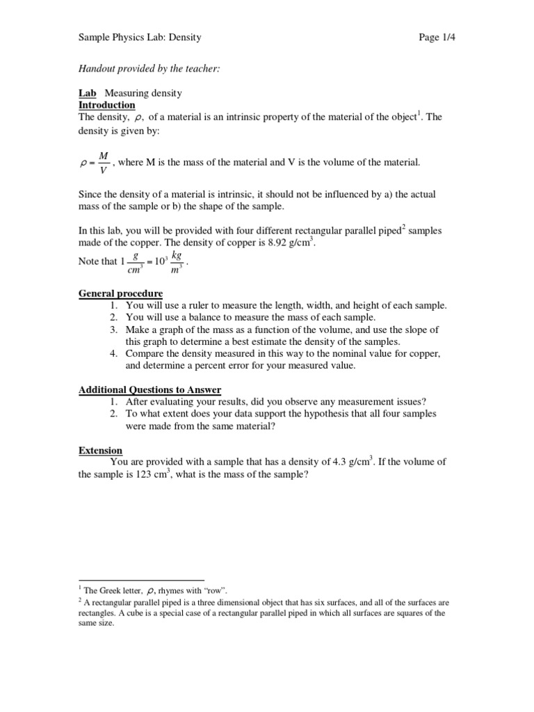 Sample Physics Lab Density | PDF | Density | Measurement