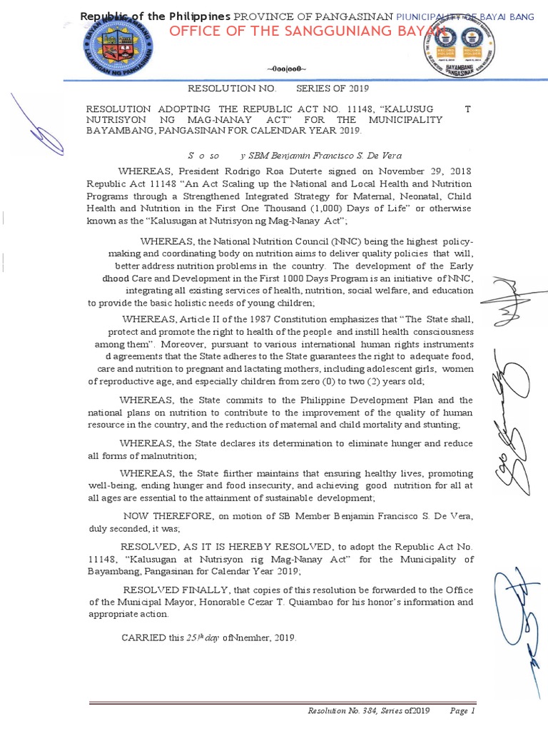 Ra 11148 Barangay Resolution | PDF | Health Sciences
