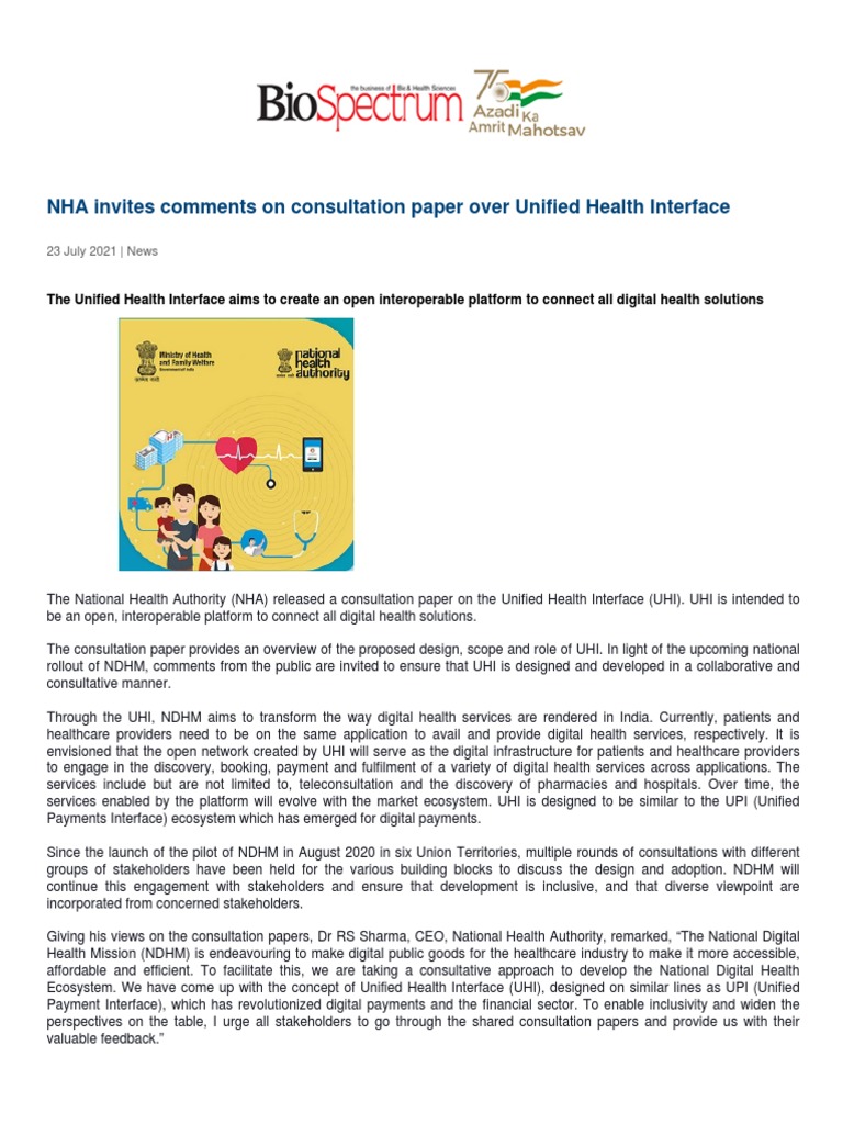 Nha Invites Comments On Consultation Paper Over Unified Health ...
