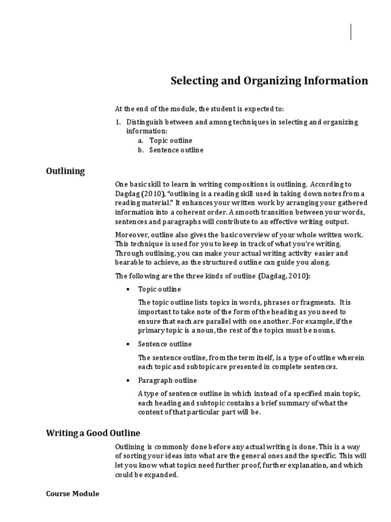 Week 002-Course Module-Selecting and Organizing Information | PDF | Paragraph | Pronoun