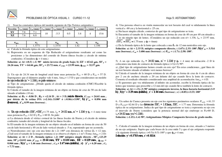 Hoja 5 Astigmatismo | PDF | Óptica | Ojo