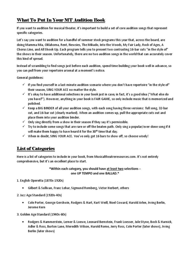 Building Your Musical Theatre Audition Book | PDF | Musical Theatre ...