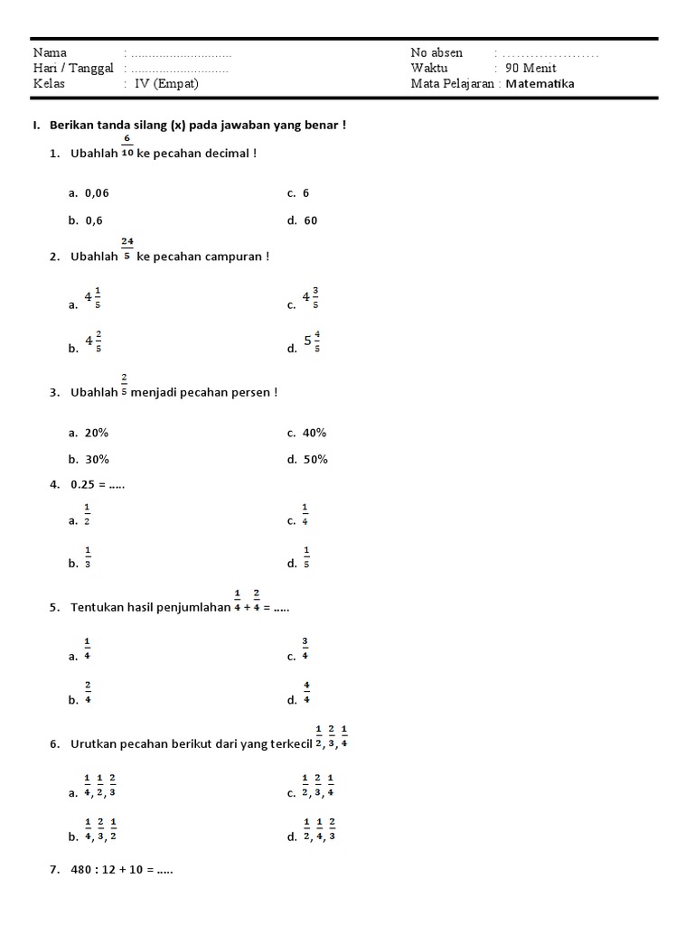 Soal PTS MTK Kelas 4 Ganjil | PDF