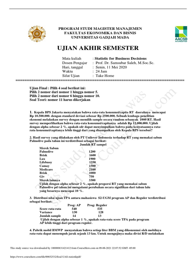 Soal UAS Statistik PDF | PDF