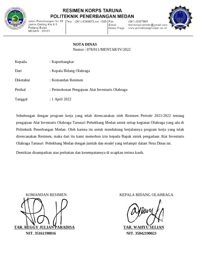 Nota Dinas Surat Pengajuan Peralatan Olahraga Fix | PDF