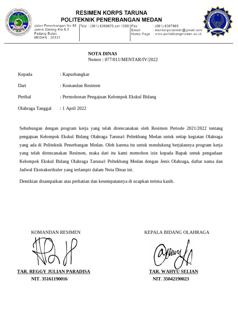 Nota Dinas Pengajuan Kelompok Olahraga Taruna | PDF