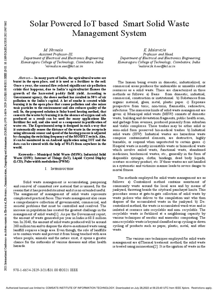 Solar Powered IoT Based Smart Solid Waste Management System | PDF | Waste | Waste Management